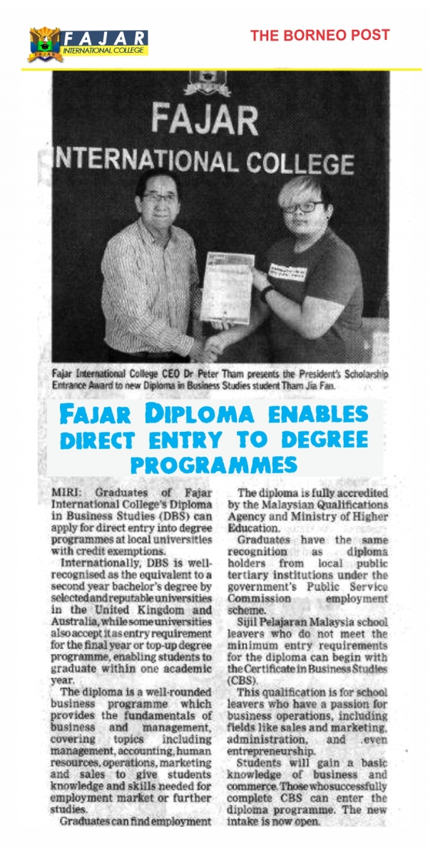 Fajar Diploma Enables Direct Entry to Degree Programmes – Kolej Fajar Miri